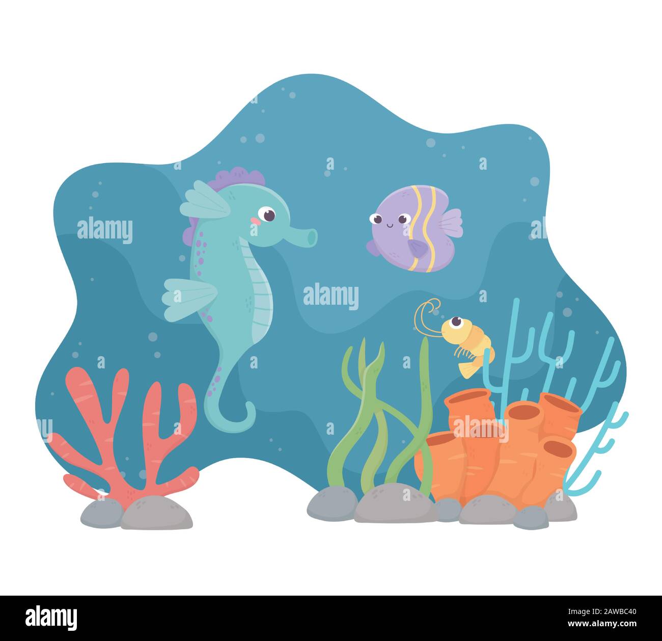 seahorse fish shrimp life stones coral reef cartoon under the sea ...