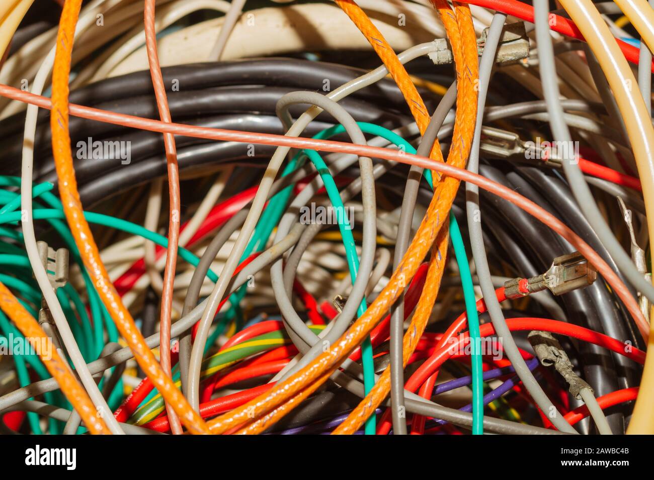 Used electric colorful wires. hank of different old cables close up ...