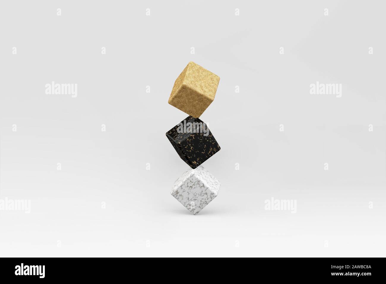 3d render of balancing cubes gold, black marble and white. Surrrealism ...