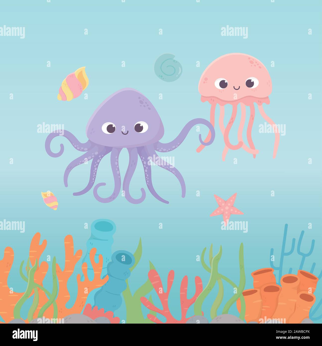 octopus jellyfish starfish life coral reef cartoon under the sea vector ...