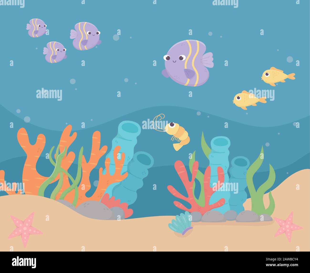 fishes shrimp starfishes life coral reef cartoon under the sea vector ...