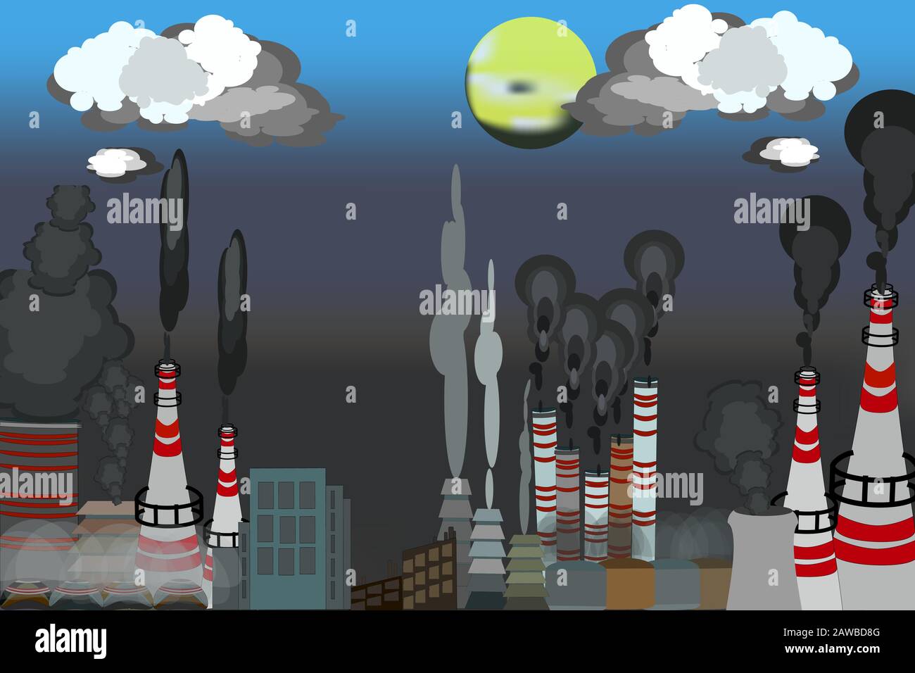 Industrial factory chimneys illustration. Panorama with smoke clouds ...