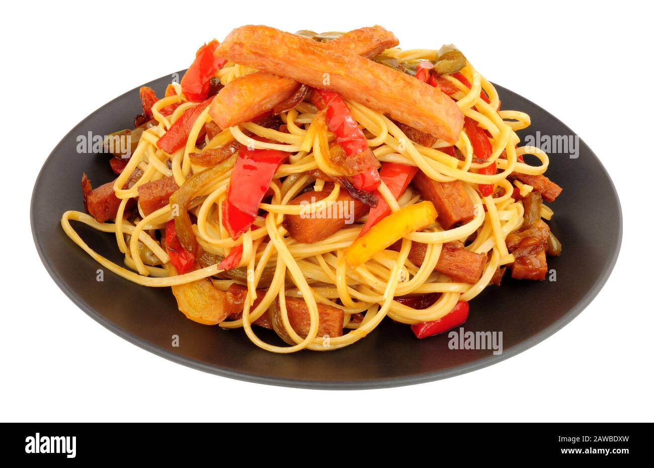 Spam meat stir fry with noodles and vegetables isolated on a white ...