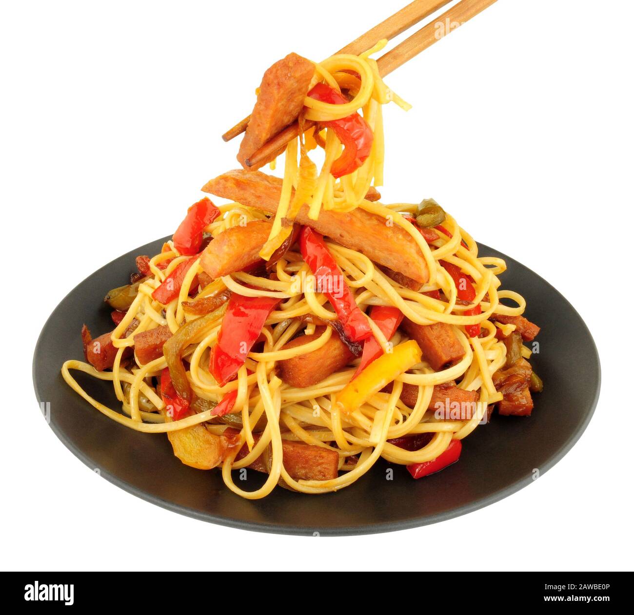 Spam meat stir fry with noodles and vegetables isolated on a white ...