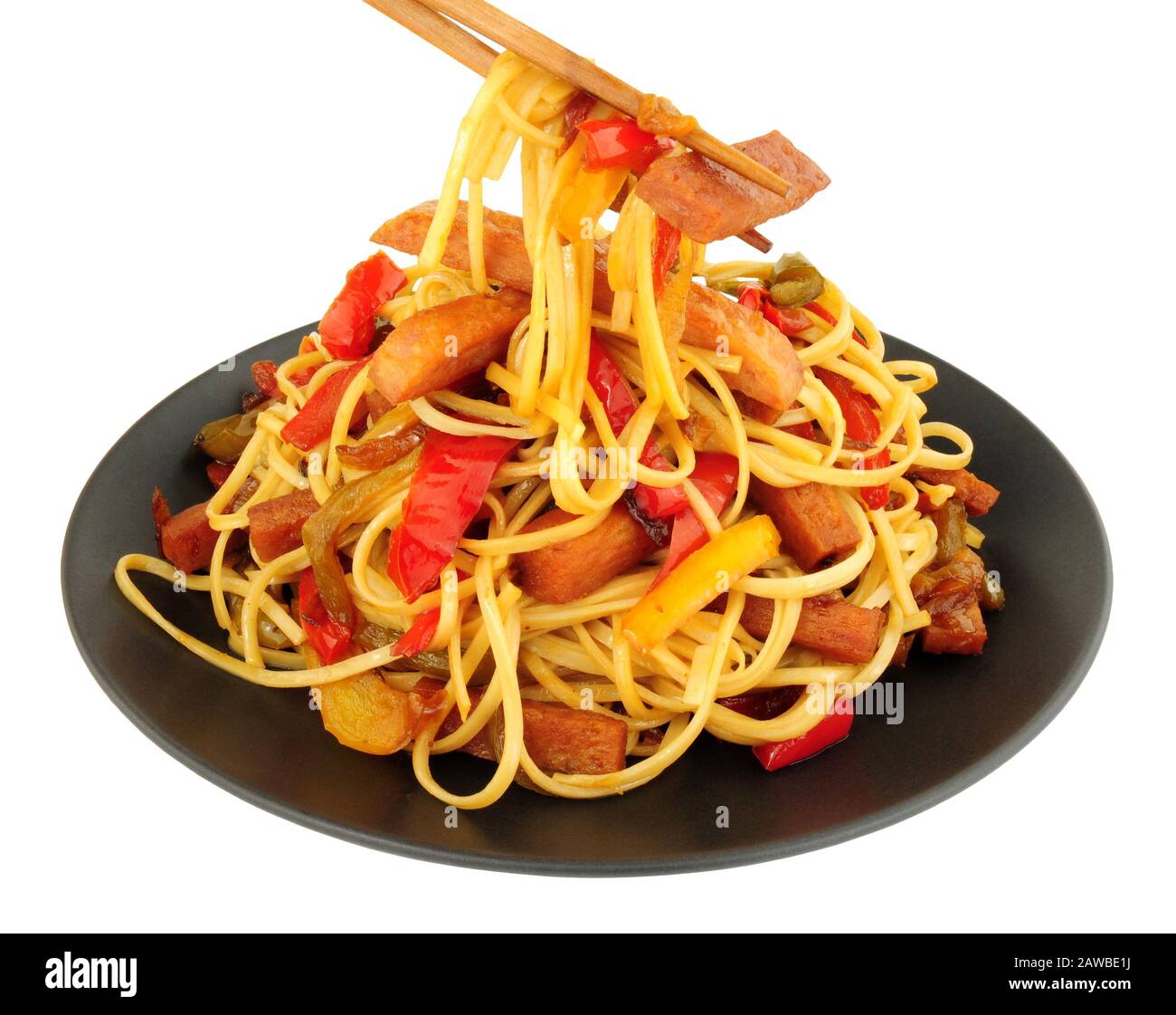 Spam meat stir fry with noodles and vegetables isolated on a white ...