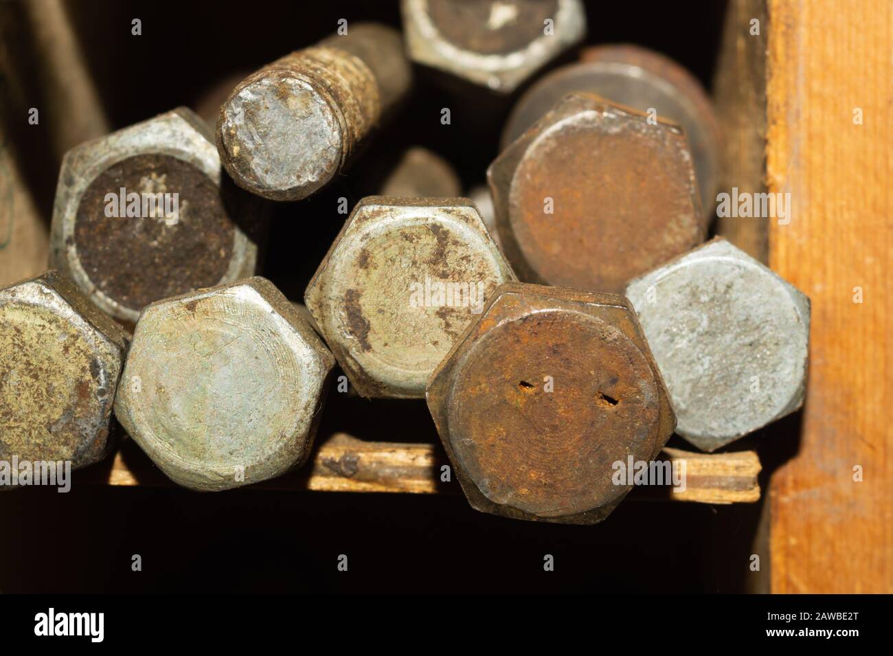 Old screws in a box. a lot of various screws. pile of fasteners in the ...