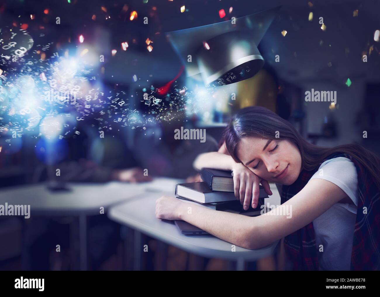 Tired girl sleeps over books and dreams of graduating. Concept of ...