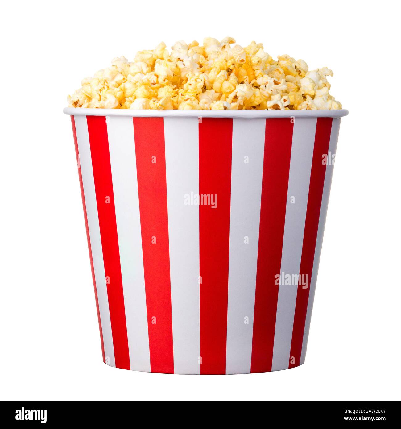 Paper striped bucket with popcorn isolated on white background Stock ...