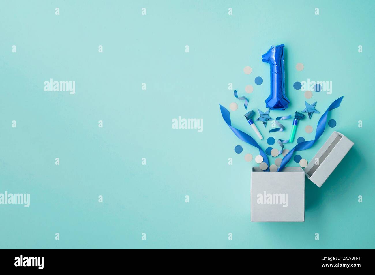 Number 1 birthday balloon celebration gift box lay flat explosion Stock ...