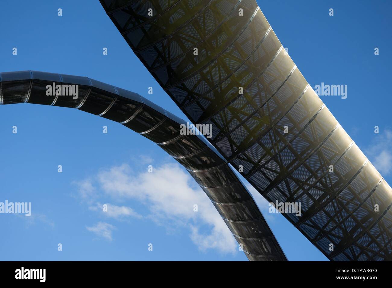 Bridge details of Coventry, England. Suspension bridge detail and blue ...