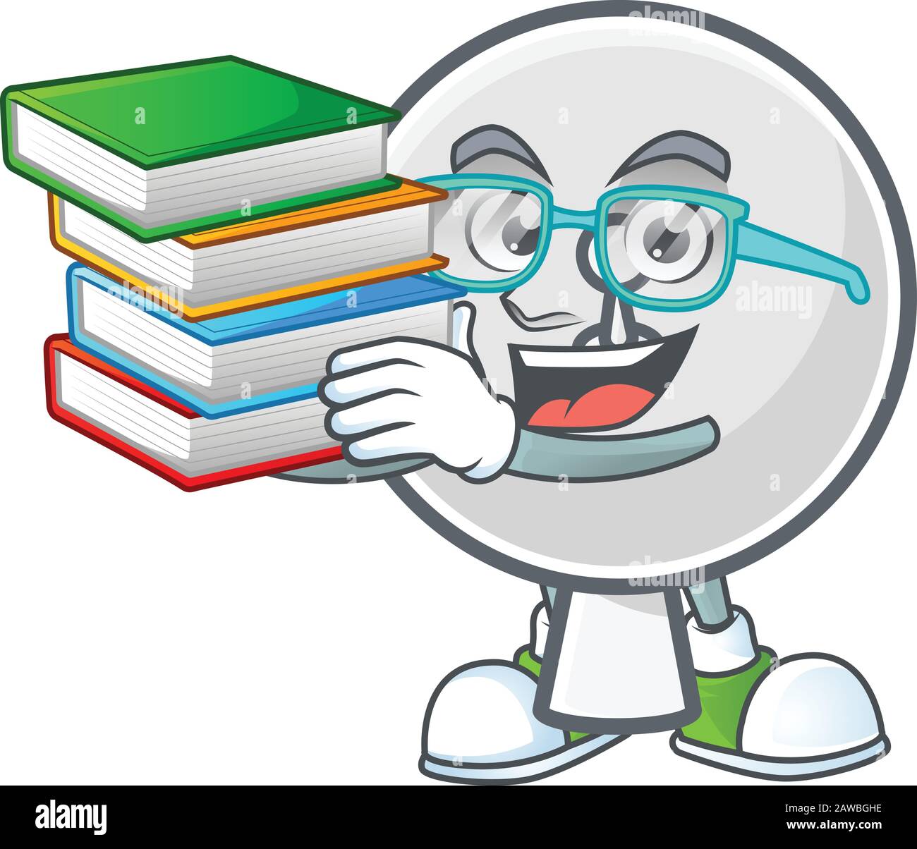 A brainy clever cartoon character of satellite dish studying with some ...