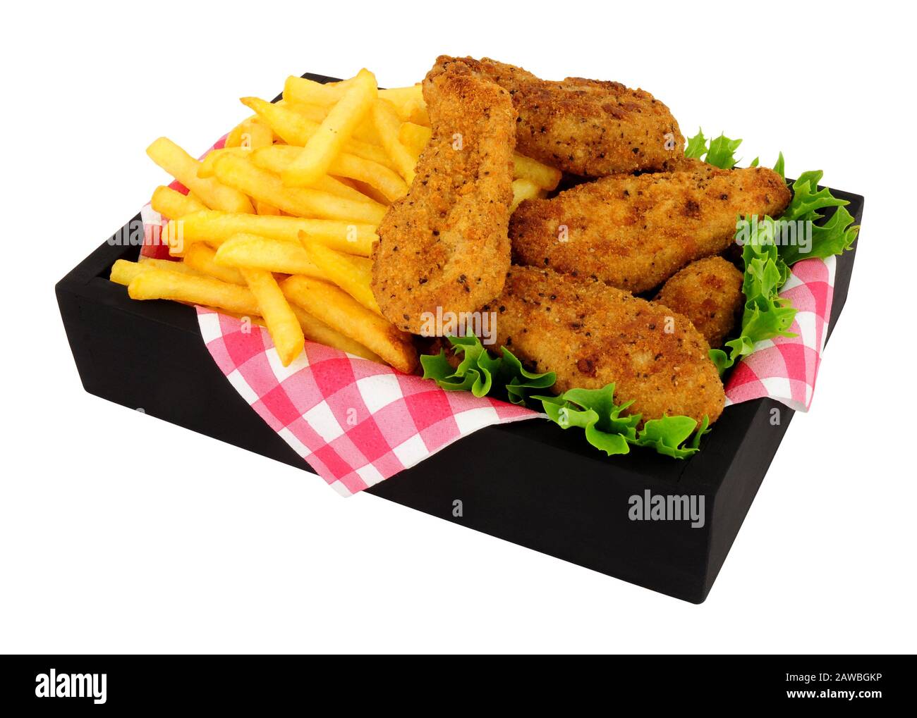 Southern fried chicken fillets and potato French Fries in a black box ...