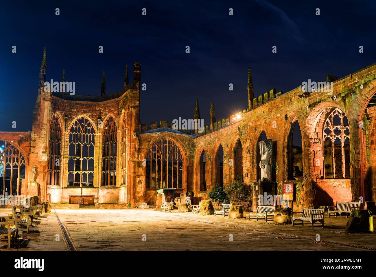Night photo of Coventry Cathedral which was been bombed by Germans in ...