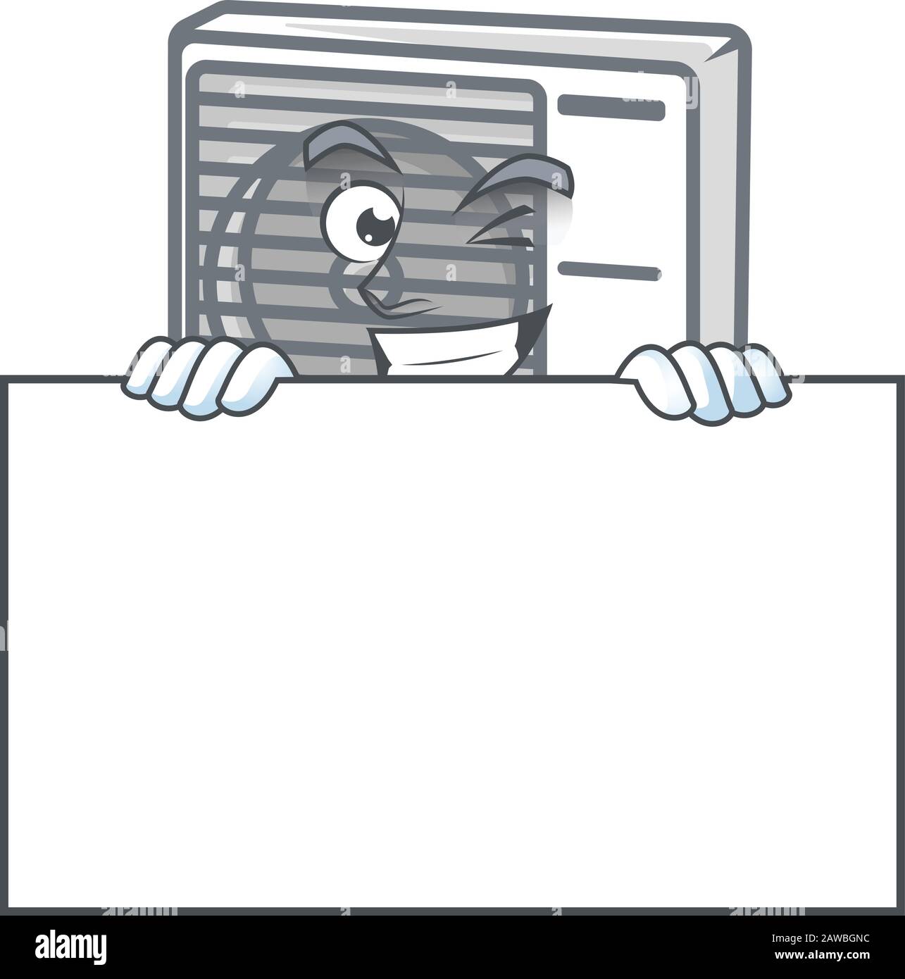 Split air conditioner cartoon character with funny face hides behind a ...