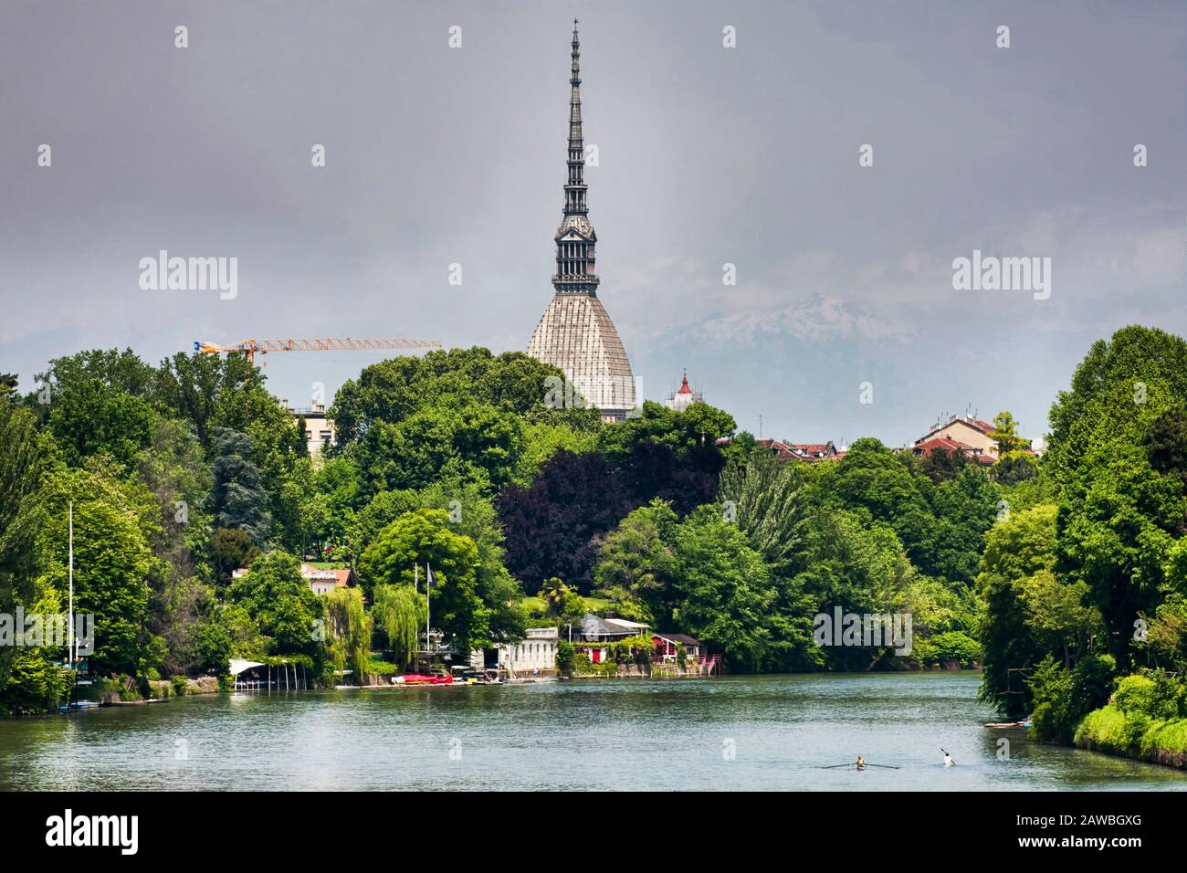 View of Po river in Turin, the river winds its way through lush ...
