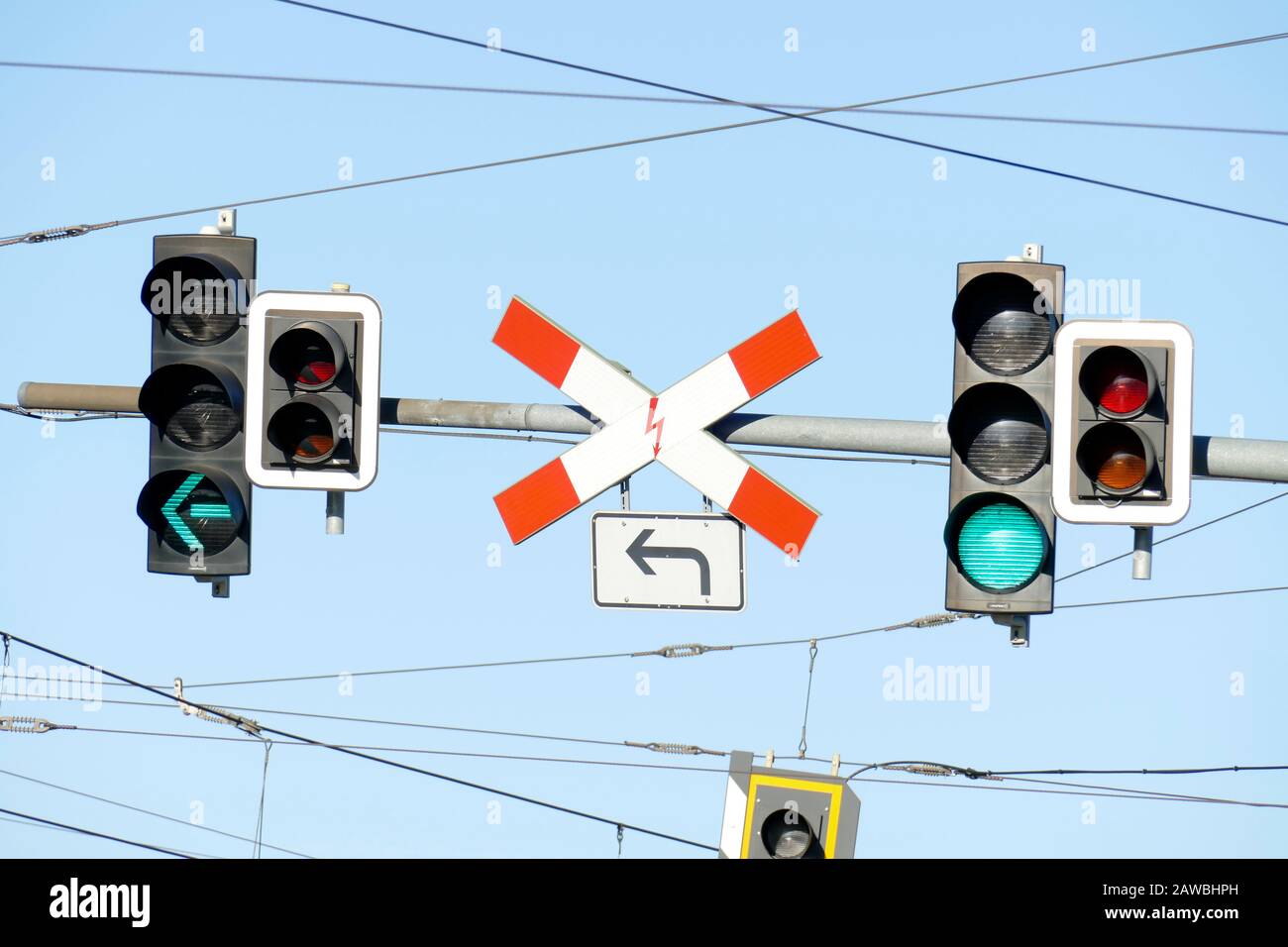 Traffic lights with traffic sign railroad crossing, Blue Sky, Germany ...