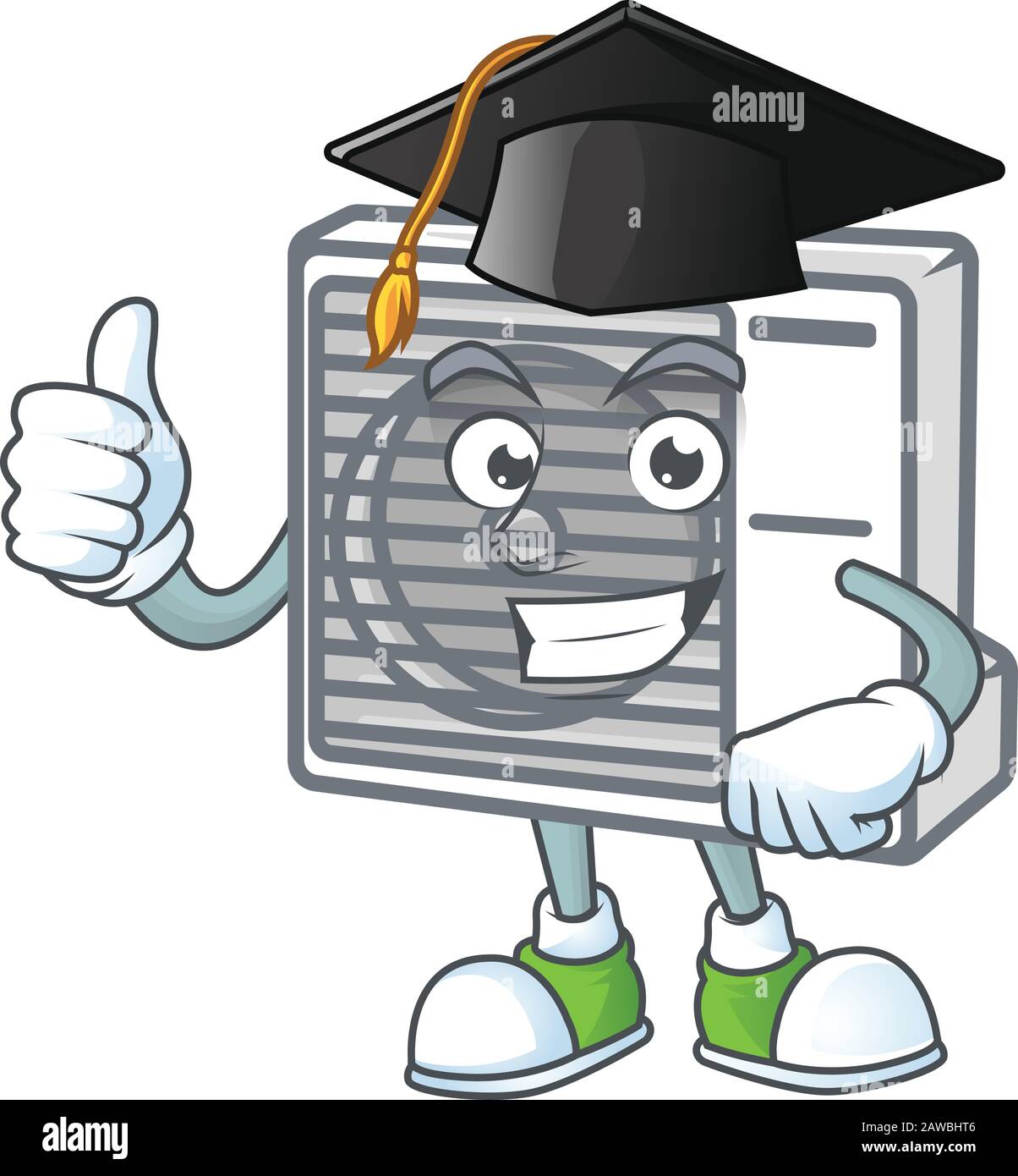 A happy character of split air conditioner in a black Graduation hat ...
