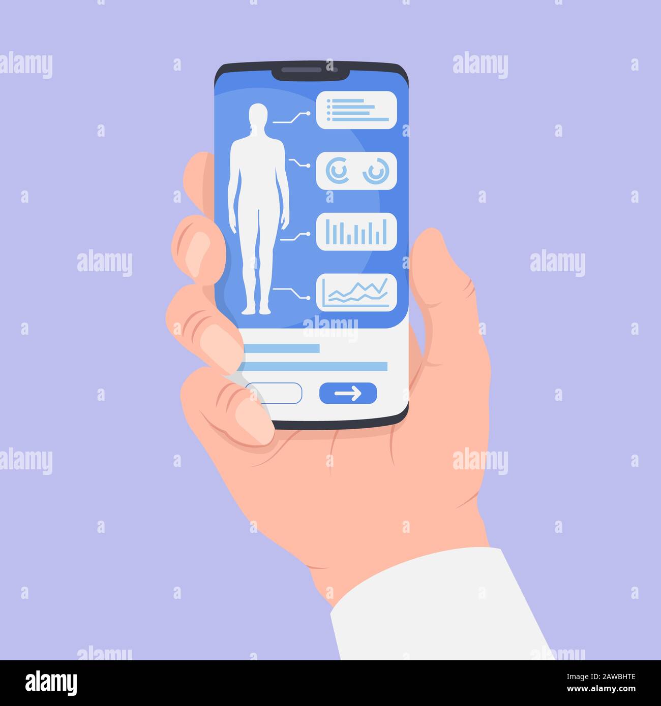 hand hold medical smartphone apps with human body data reports analysis ...