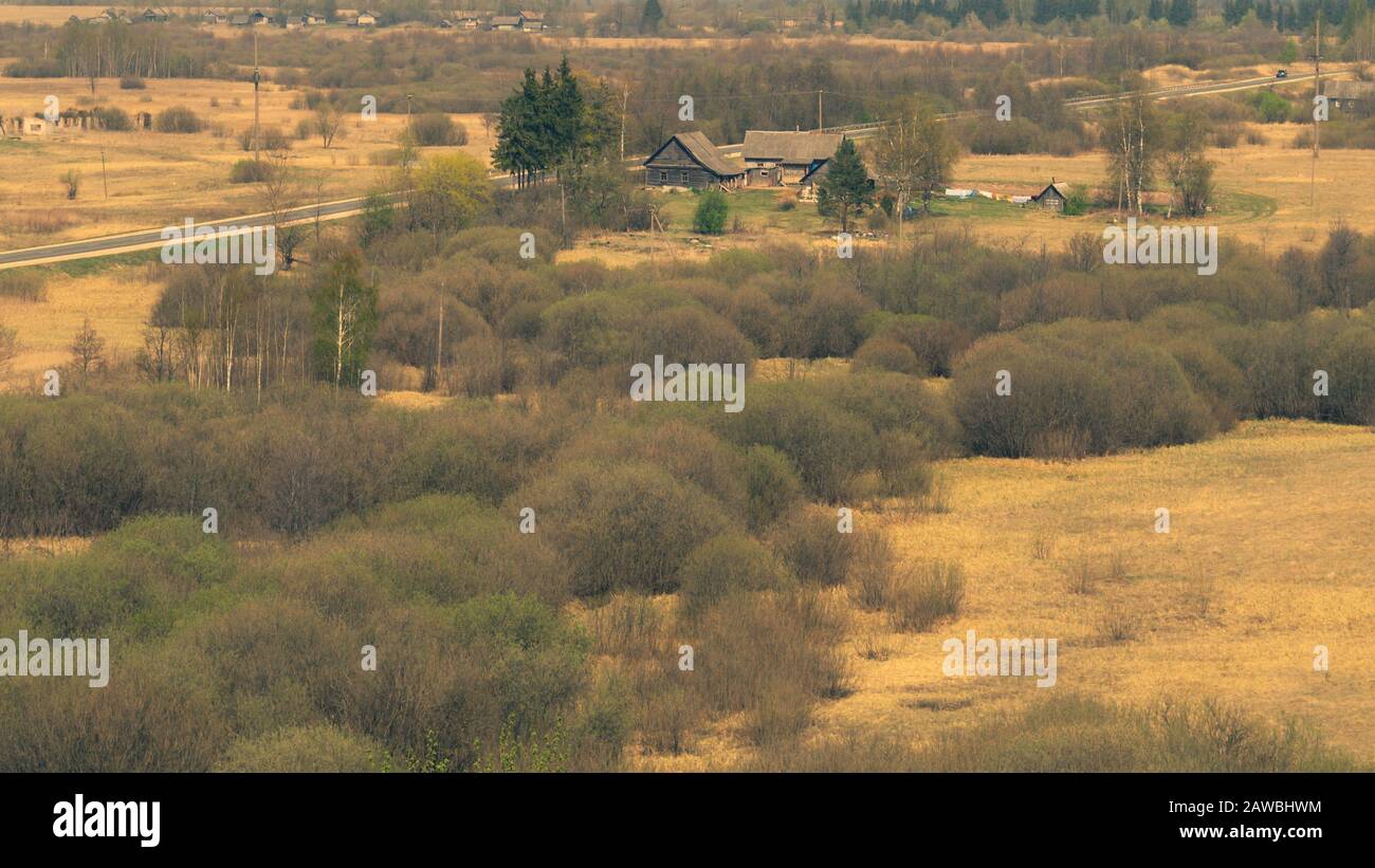 Nature panoramic landscape view from high. field with plants and trees ...