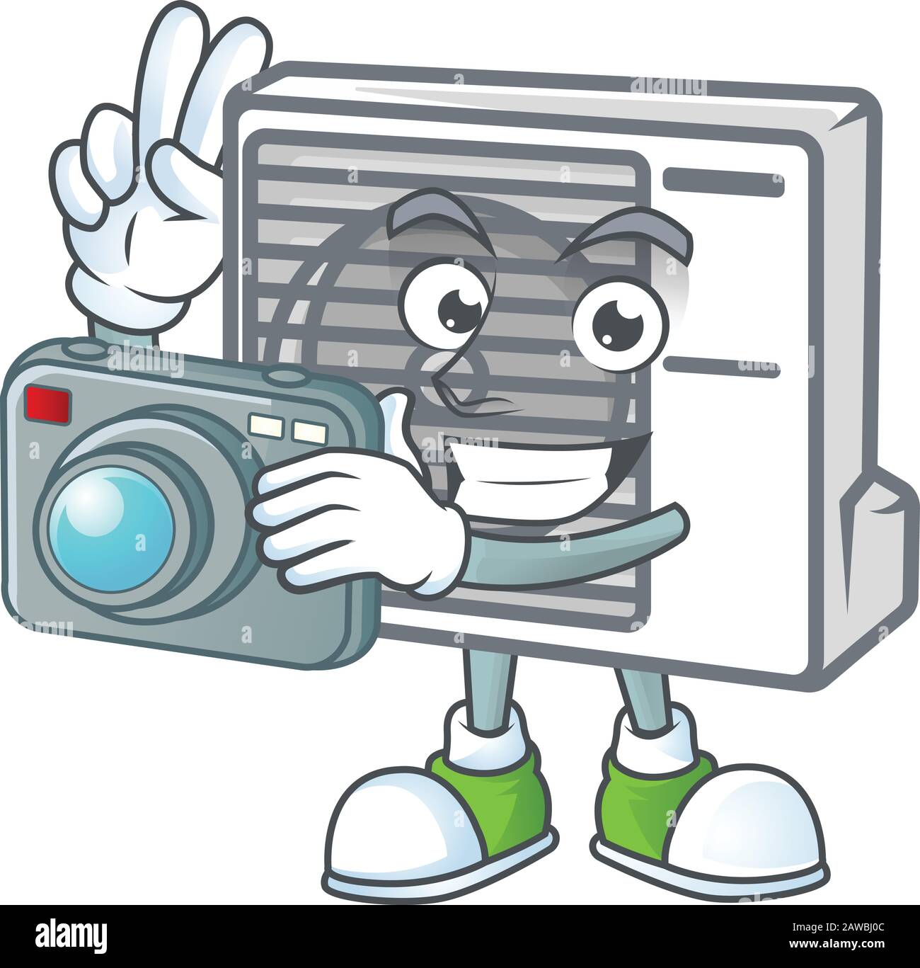 A split air conditioner Photographer cartoon character in action with a ...