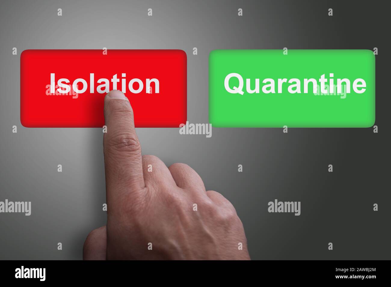 Red and green buttons with isolation and quarantine and pointing finger ...