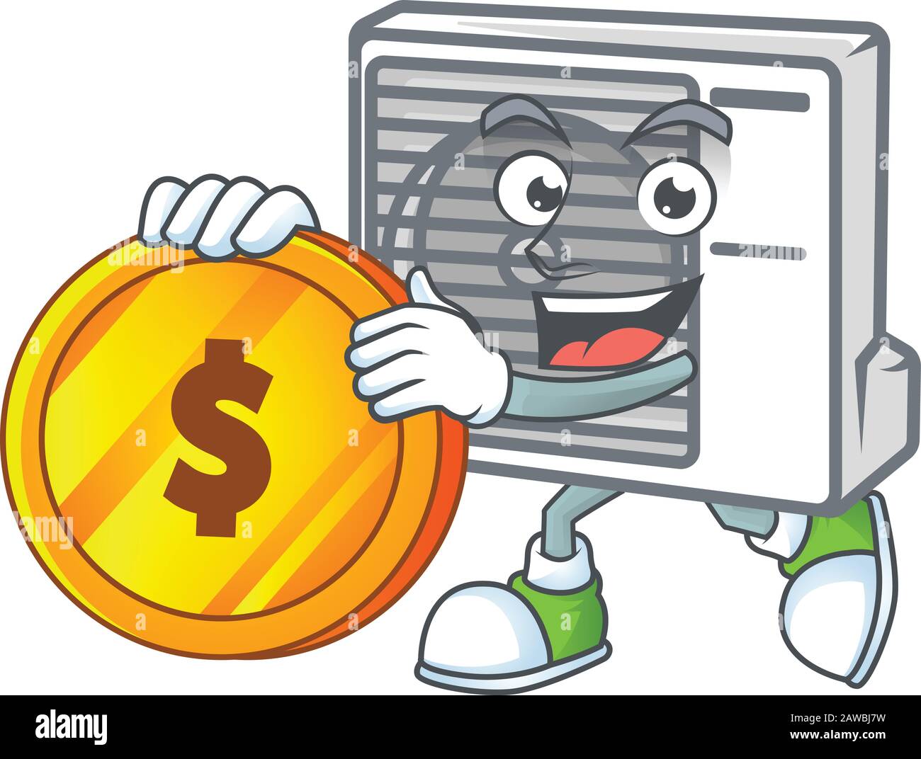 an elegant split air conditioner mascot cartoon design with gold coin ...