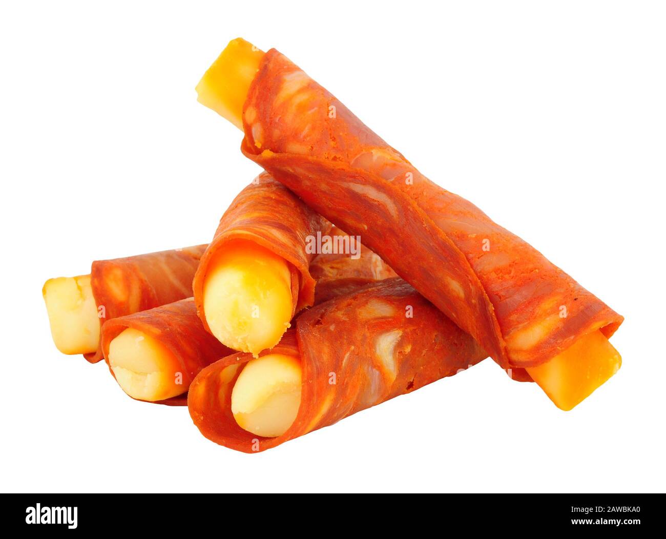 Gouda cheese wrapped in spicy Chorizo rollitos isolated on a white ...