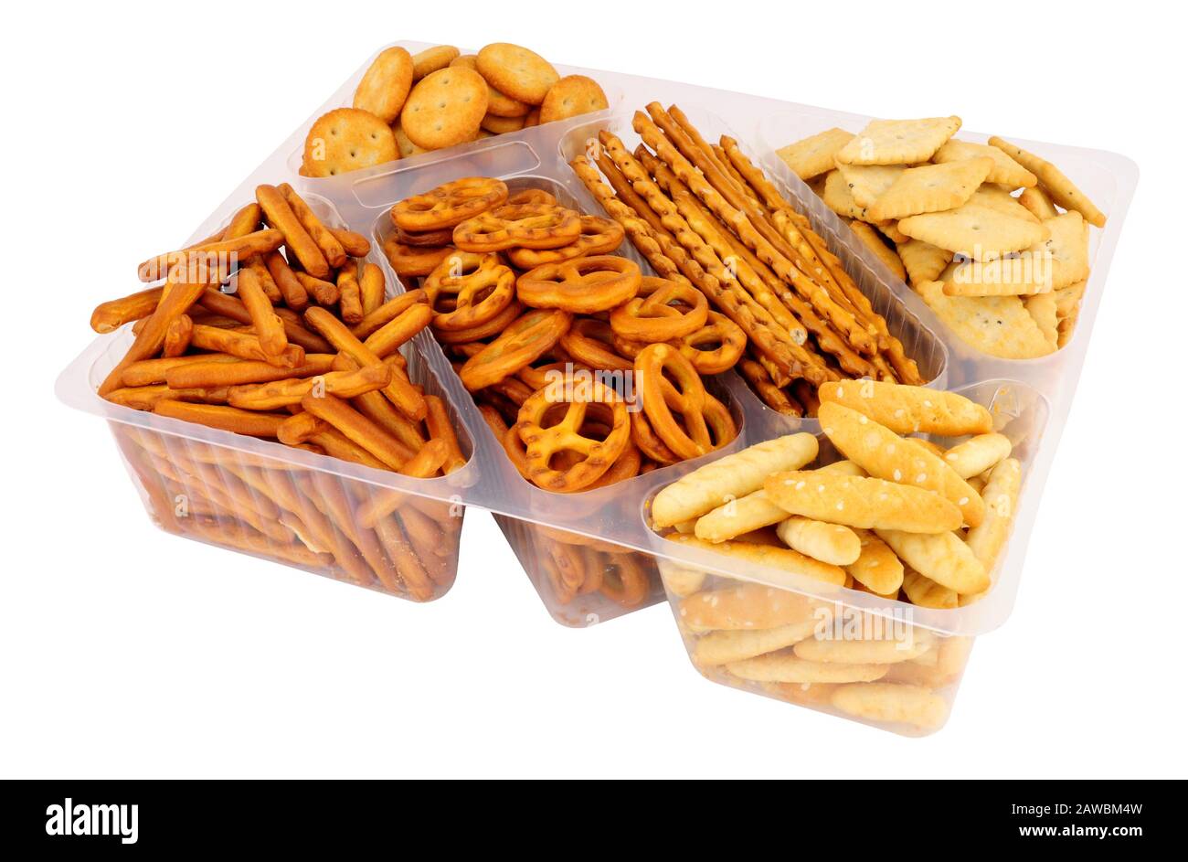 Pack of savoury pretzel and cracker snack mix isolated on a white ...