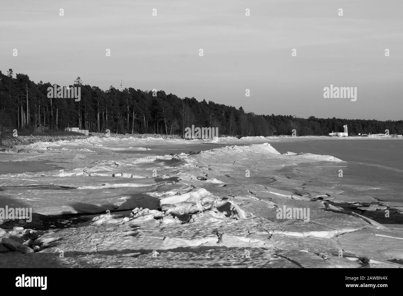 Frozen lake landscape. black and white nature background Stock Photo ...