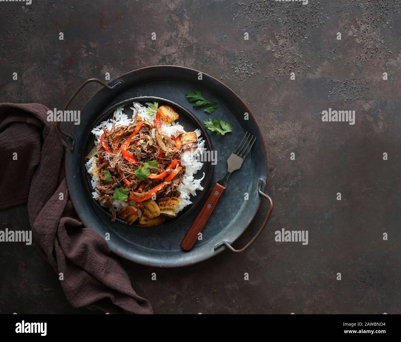 Latin america food .Ropa Vieja with Fried Plantains and rice. carne ...
