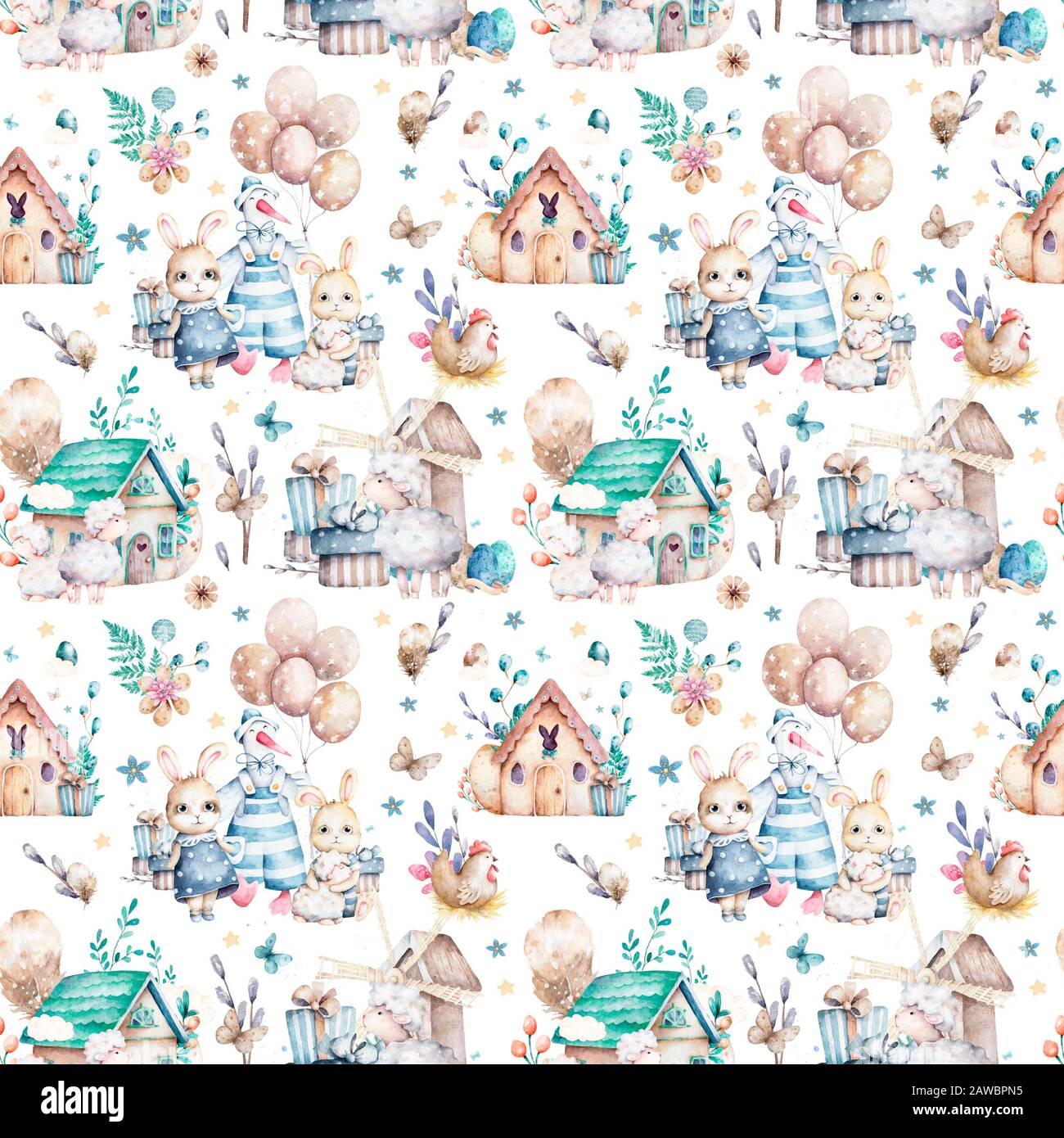 Cute baby sheep and bunnies animal seamless pattern, farm illustration ...