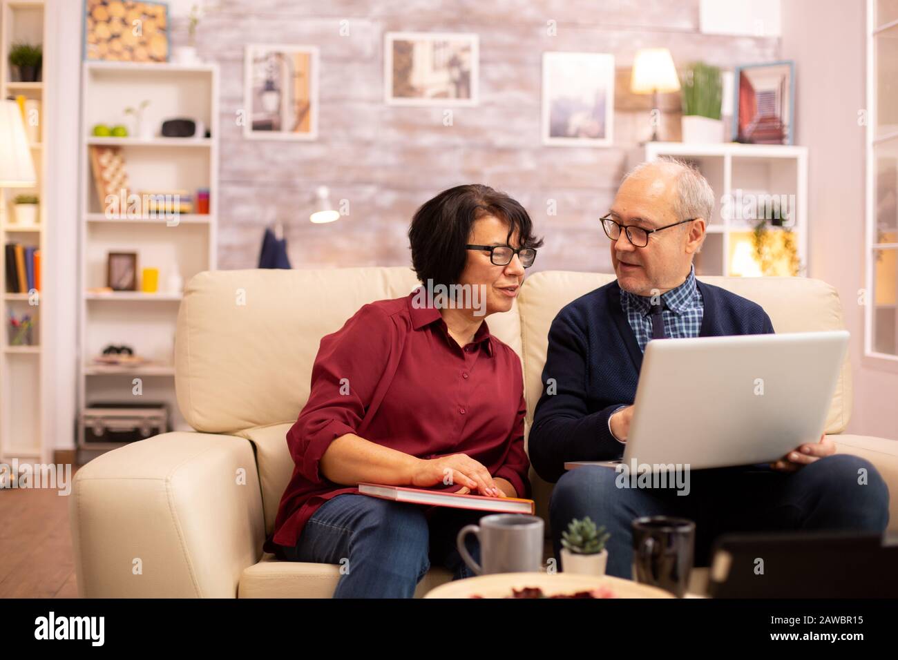 Grandmother and grandfather using a laptop to chat with their grandsons ...
