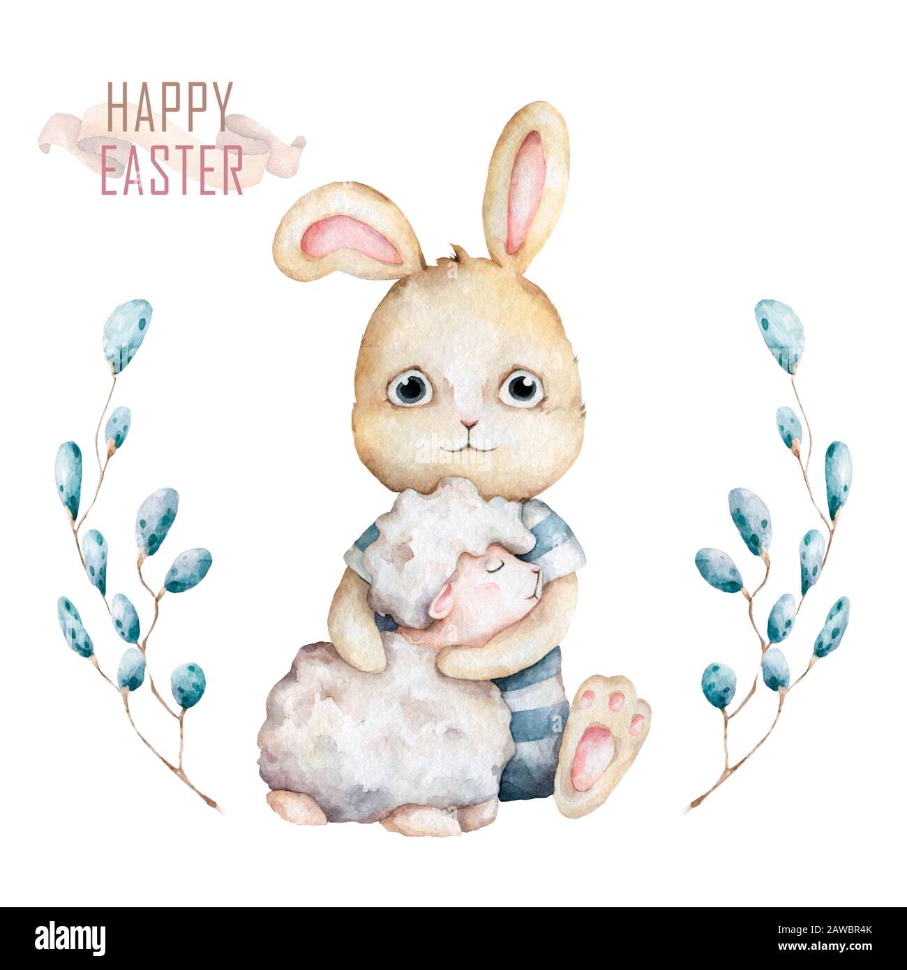 Hand drawn watercolor happy easter set with bunnies with sheep and mill ...