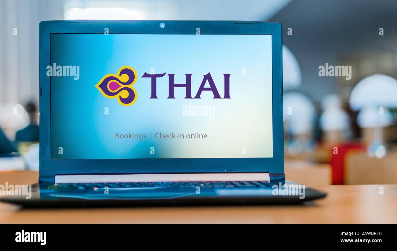POZNAN, POL - DEC 11, 2019: Laptop computer displaying logo of Thai ...