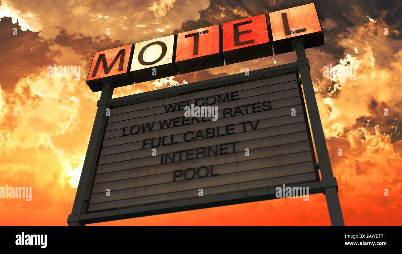Old Grungy Motel Sign Closeup in a Wonderful Sunset 3D Illustration ...