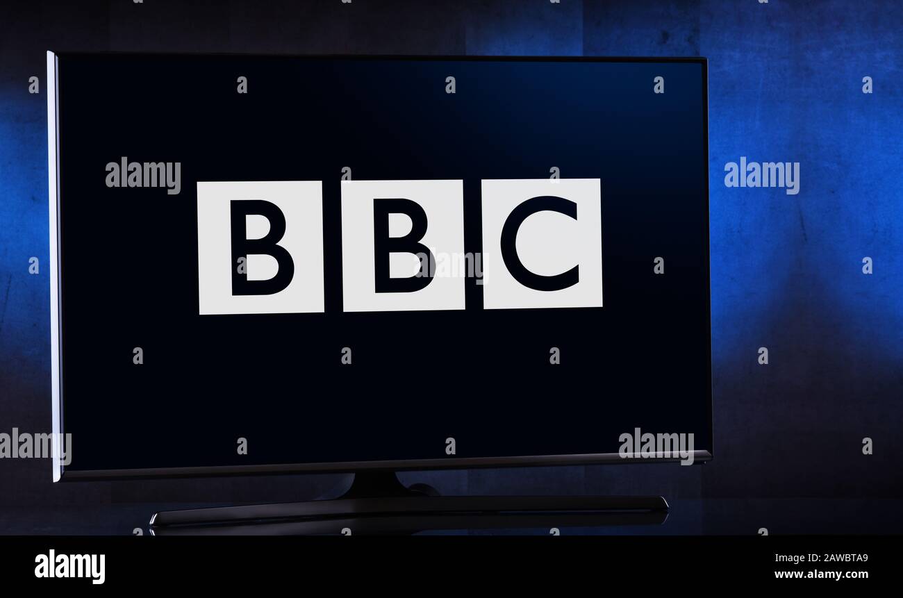 POZNAN, POL - FEB 04, 2020: Flat-screen TV set displaying logo of ...