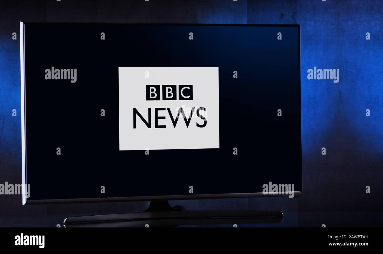 POZNAN, POL - FEB 04, 2020: Flat-screen TV set displaying logo of BBC ...