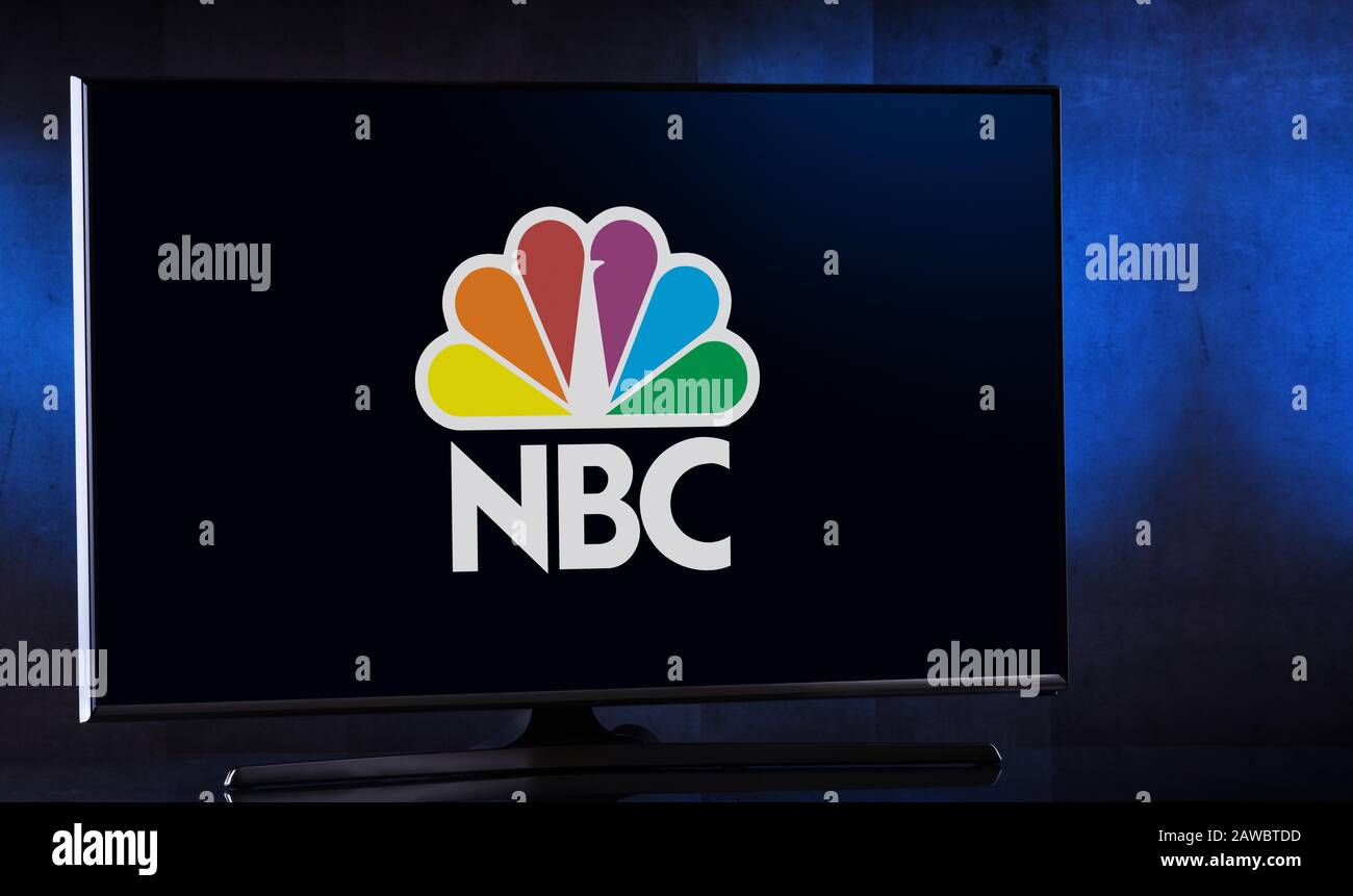 POZNAN, POL - FEB 04, 2020: Flat-screen TV set displaying logo of NBC ...