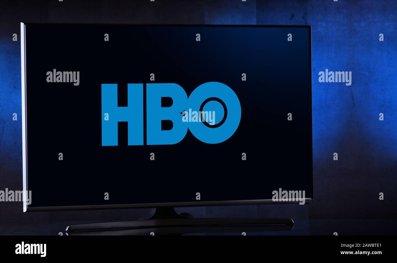 POZNAN, POL - FEB 04, 2020: Flat-screen TV set displaying logo of HBO ...