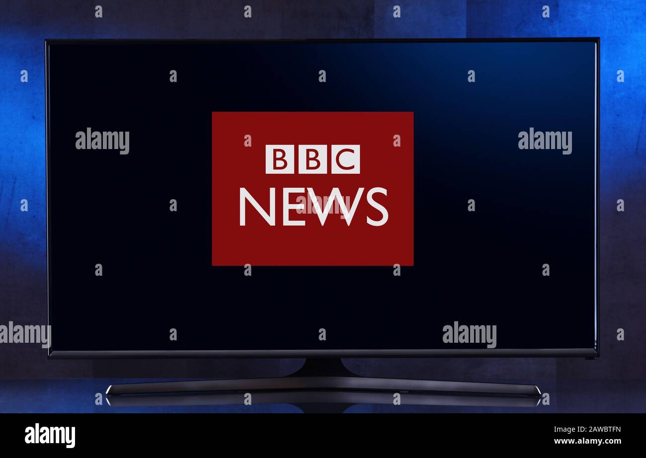 POZNAN, POL - FEB 04, 2020: Flat-screen TV set displaying logo of BBC ...