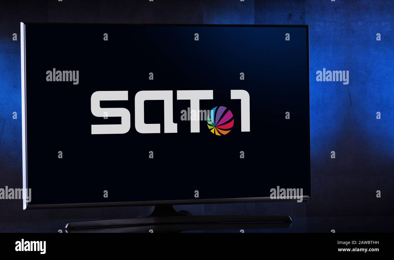 POZNAN, POL - FEB 04, 2020: Flat-screen TV set displaying logo of Sat.1 ...