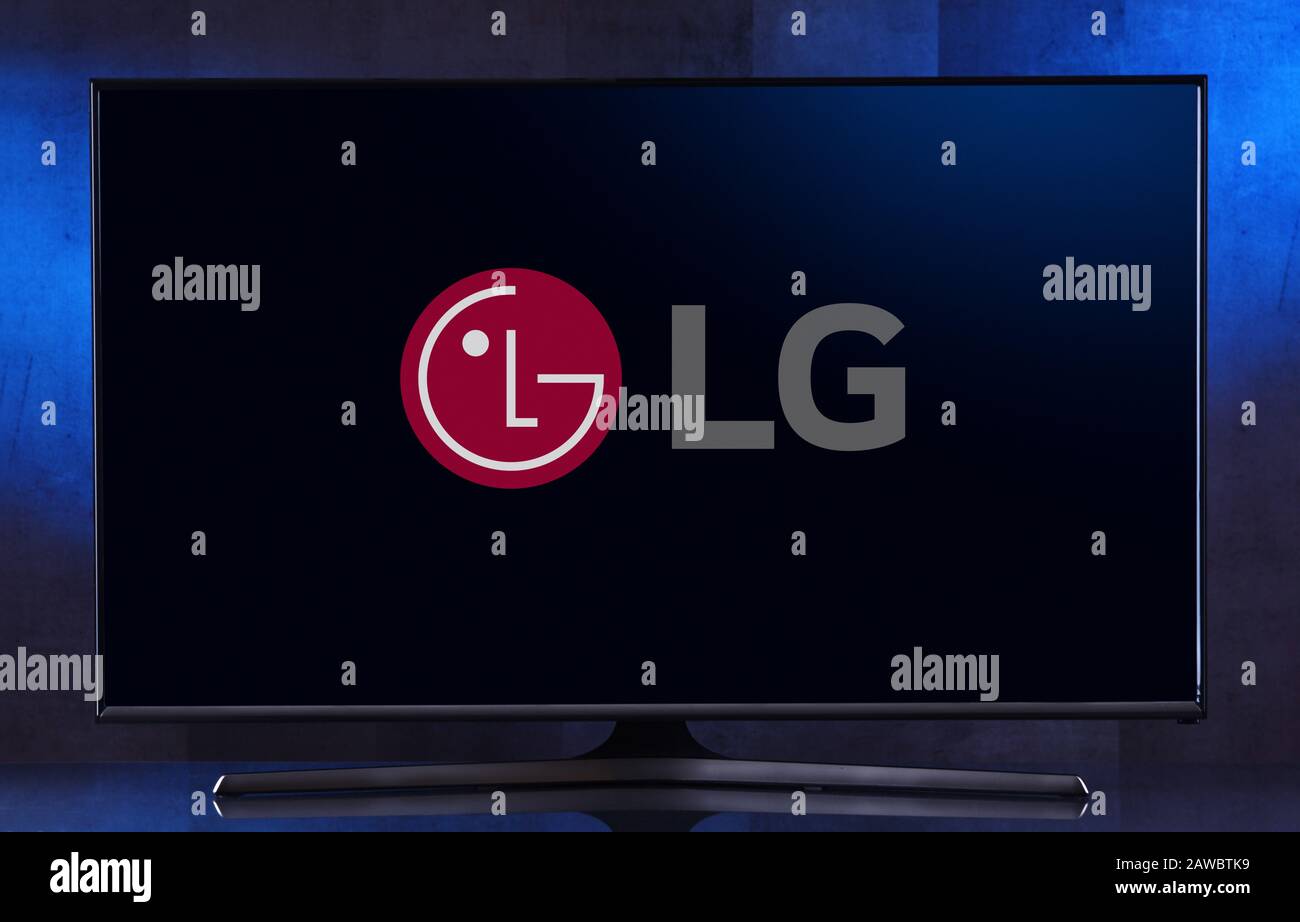 POZNAN, POL - FEB 04, 2020: Flat-screen TV set displaying logo of LG, a ...