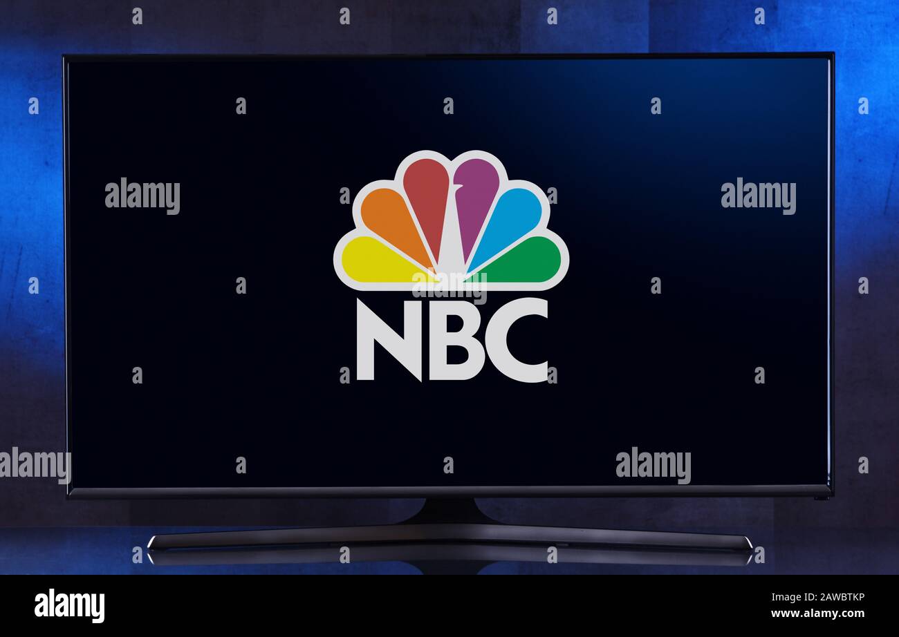 POZNAN, POL - FEB 04, 2020: Flat-screen TV set displaying logo of NBC ...