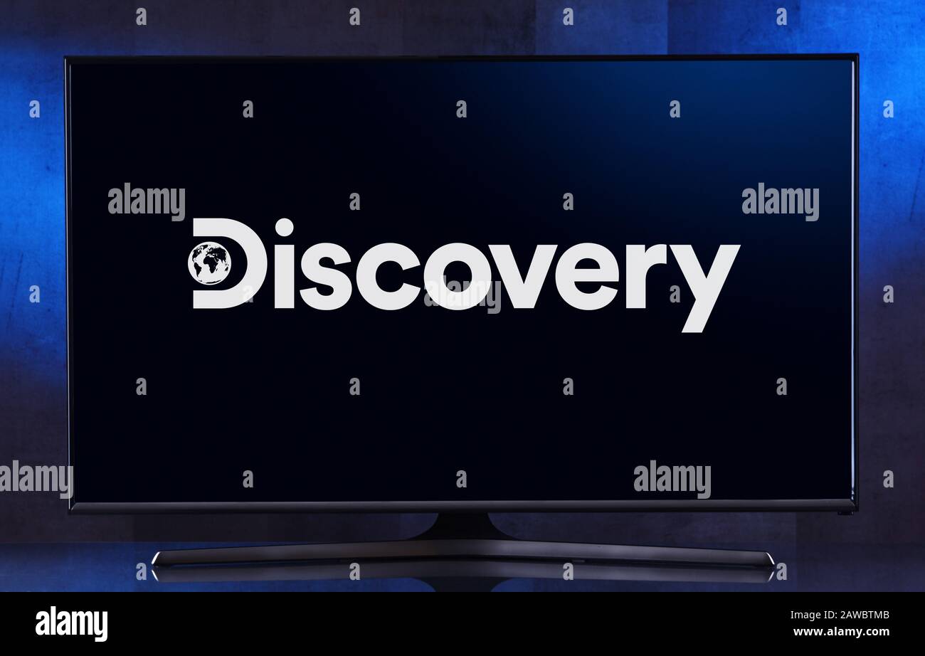 POZNAN, POL - FEB 04, 2020: Flat-screen TV set displaying logo of ...