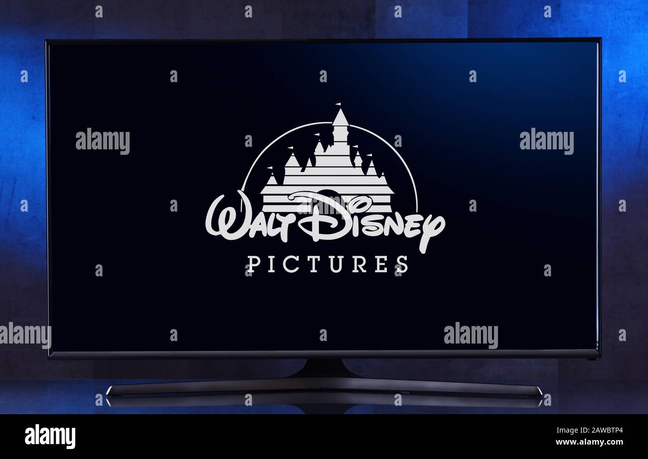 POZNAN, POL - FEB 04, 2020: Flat-screen TV set displaying logo of Walt ...