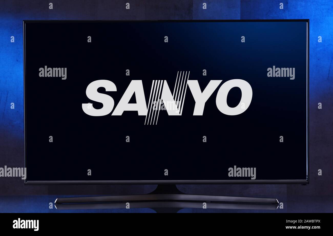 POZNAN, POL - FEB 04, 2020: Flat-screen TV set displaying logo of Sanyo ...