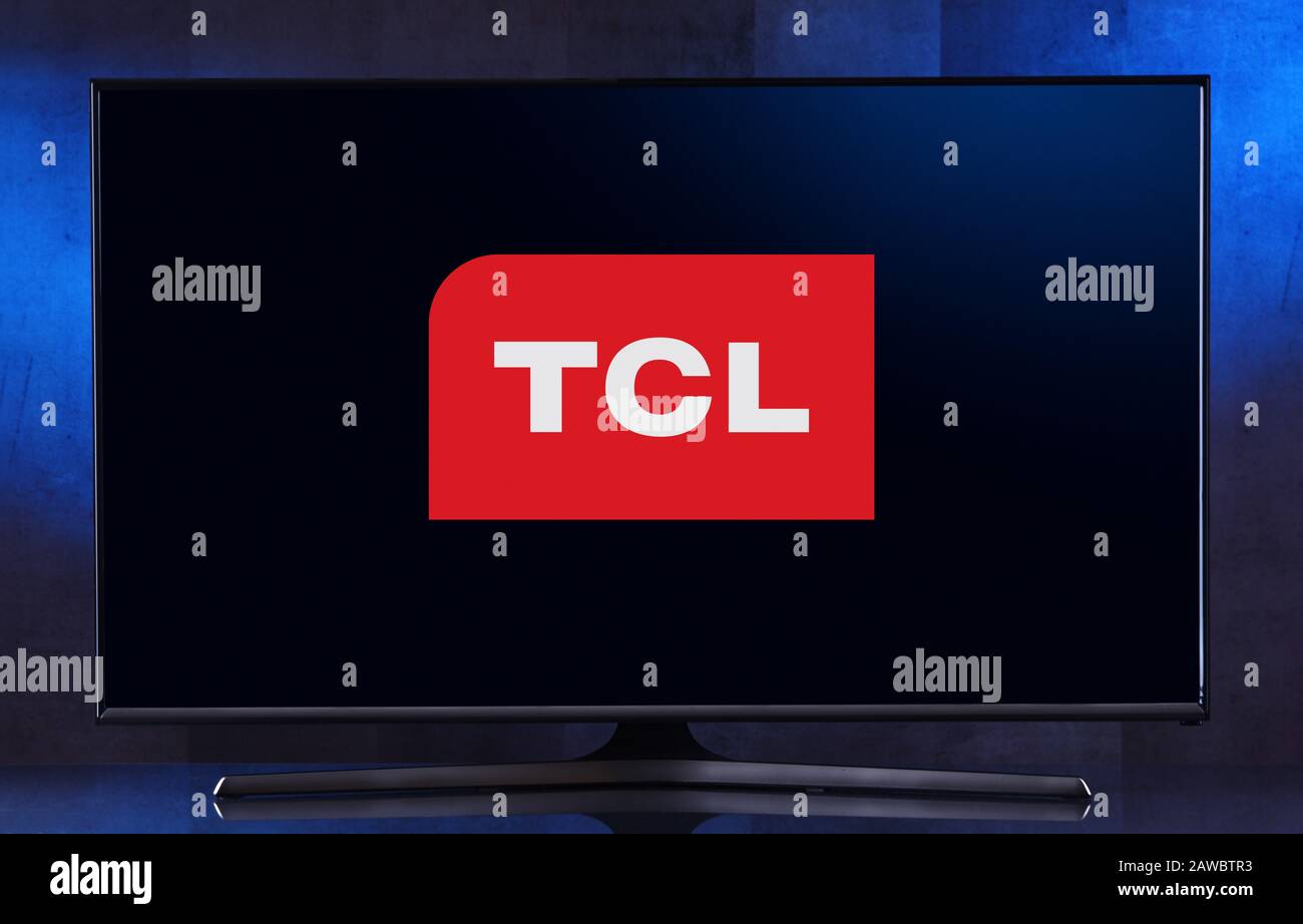 POZNAN, POL - FEB 04, 2020: Flat-screen TV set displaying logo of TCL ...