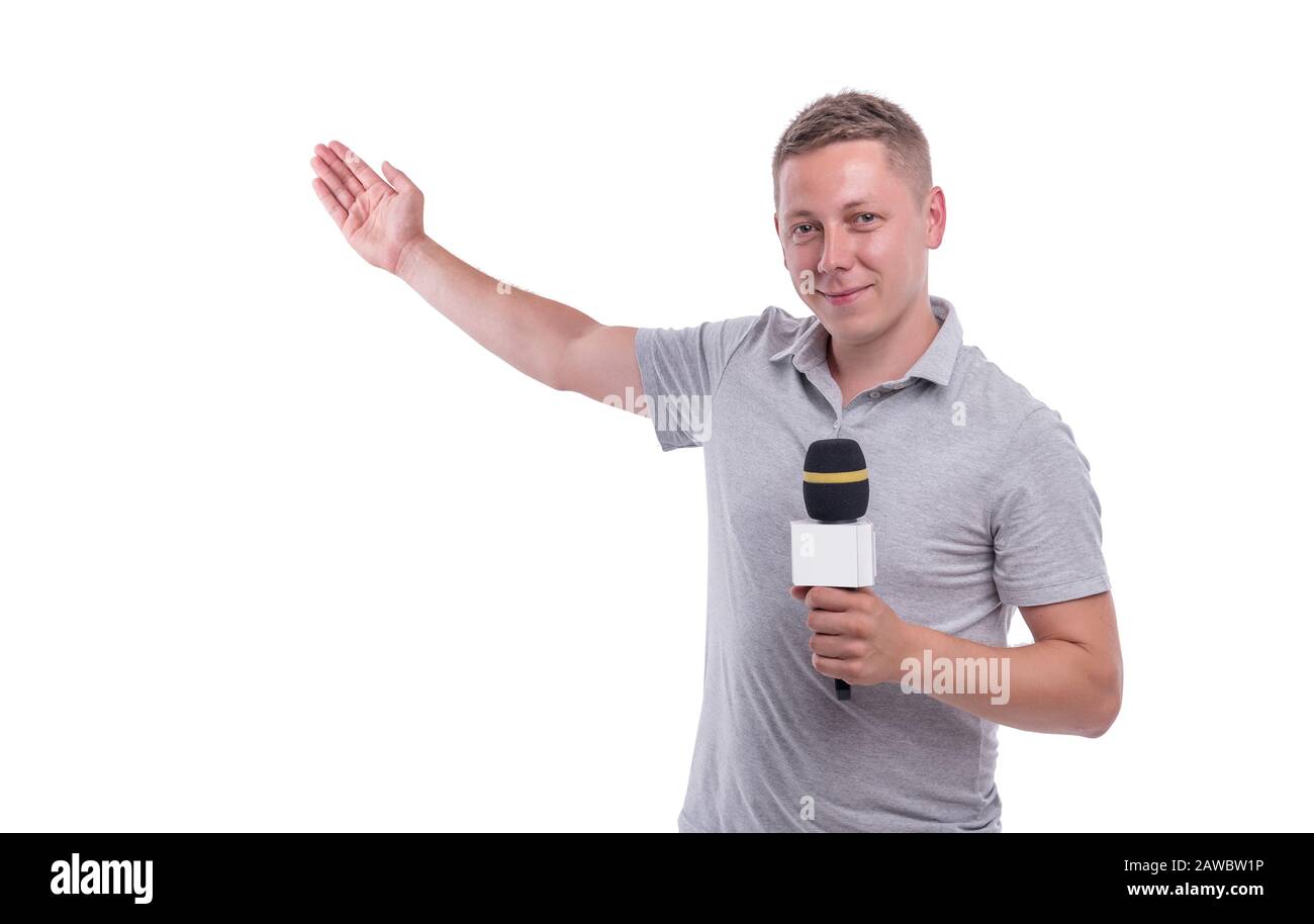Correspondent or presenter with a microphone on white background Stock ...