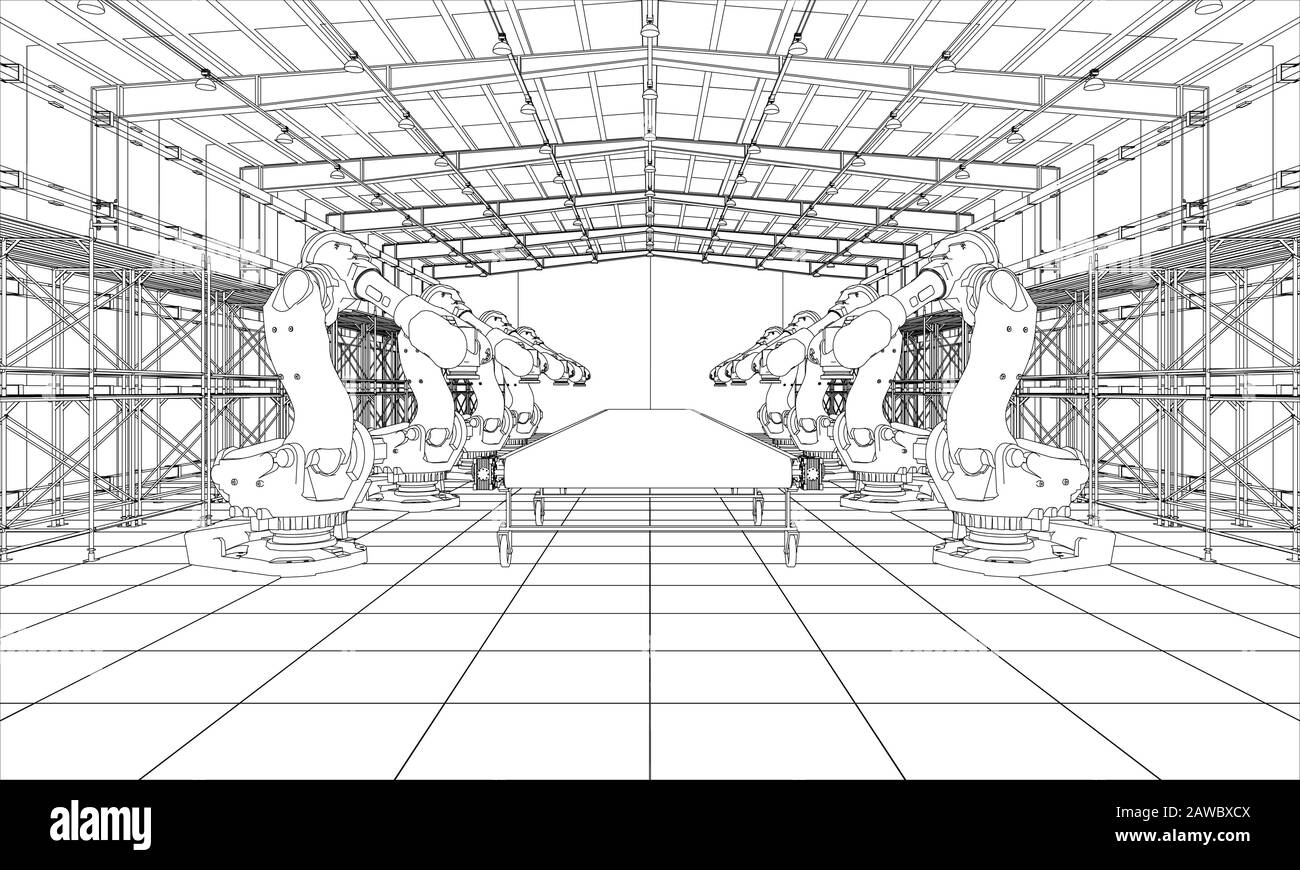 A plant with industral robots manipulators. Blueprint style. Vector ...