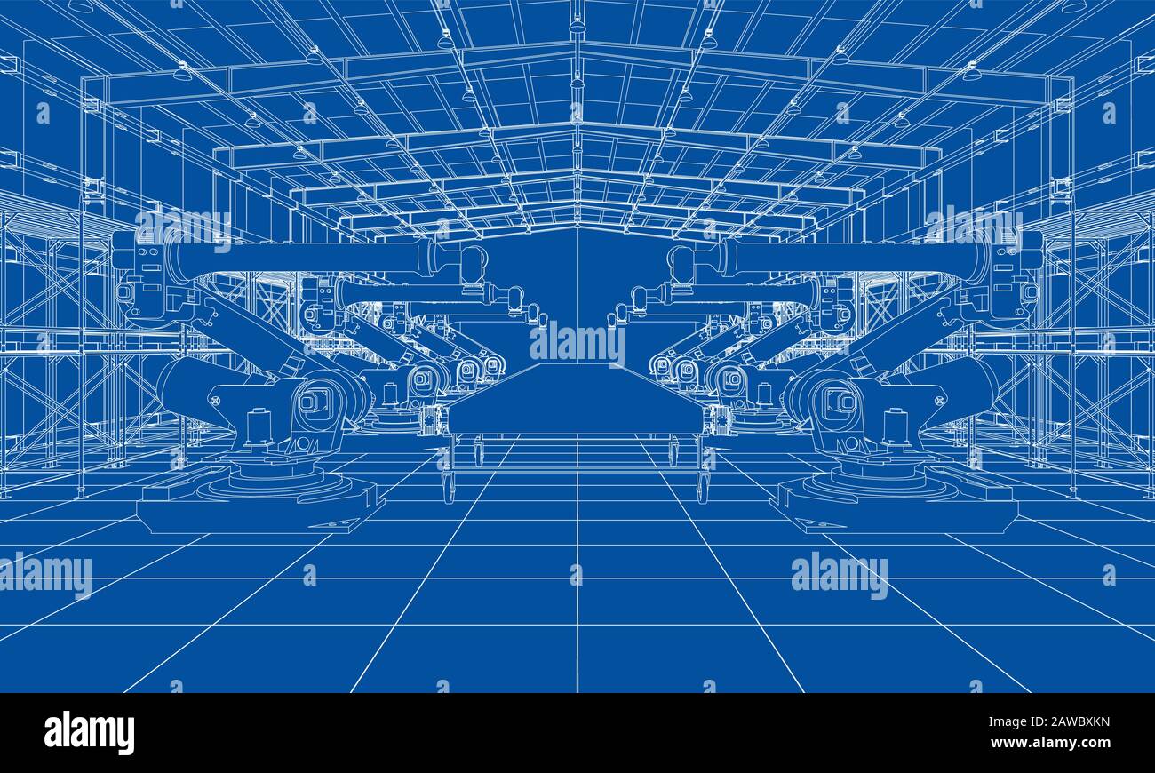 A plant with industral robots manipulators. Blueprint style. Vector ...